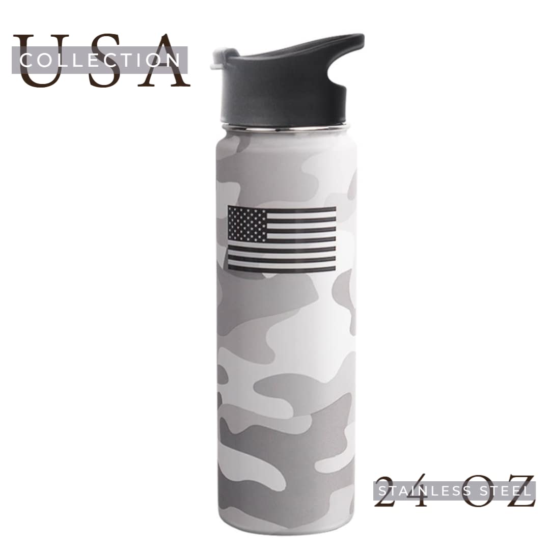 USA Collection 24 oz Stainless Steel Water Bottle - Double-Walled, Vacuum-Sealed, Leak-Proof Lid - Hot or Cold Hydration for Sports, Travel, and Everyday Use - White Multicam Pattern