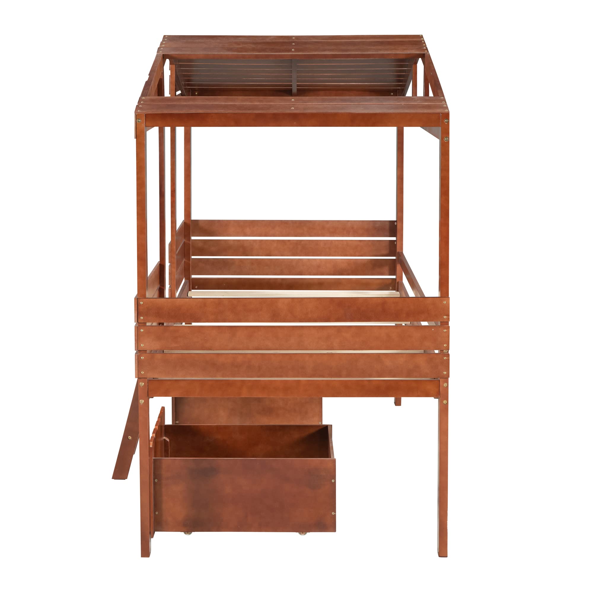 Merax Twin Montessori Loft Bed Frame with Drawers and Ladder Low Loft Bunk Bed for Kids Juniors, No Box Spring Needed, Walnut