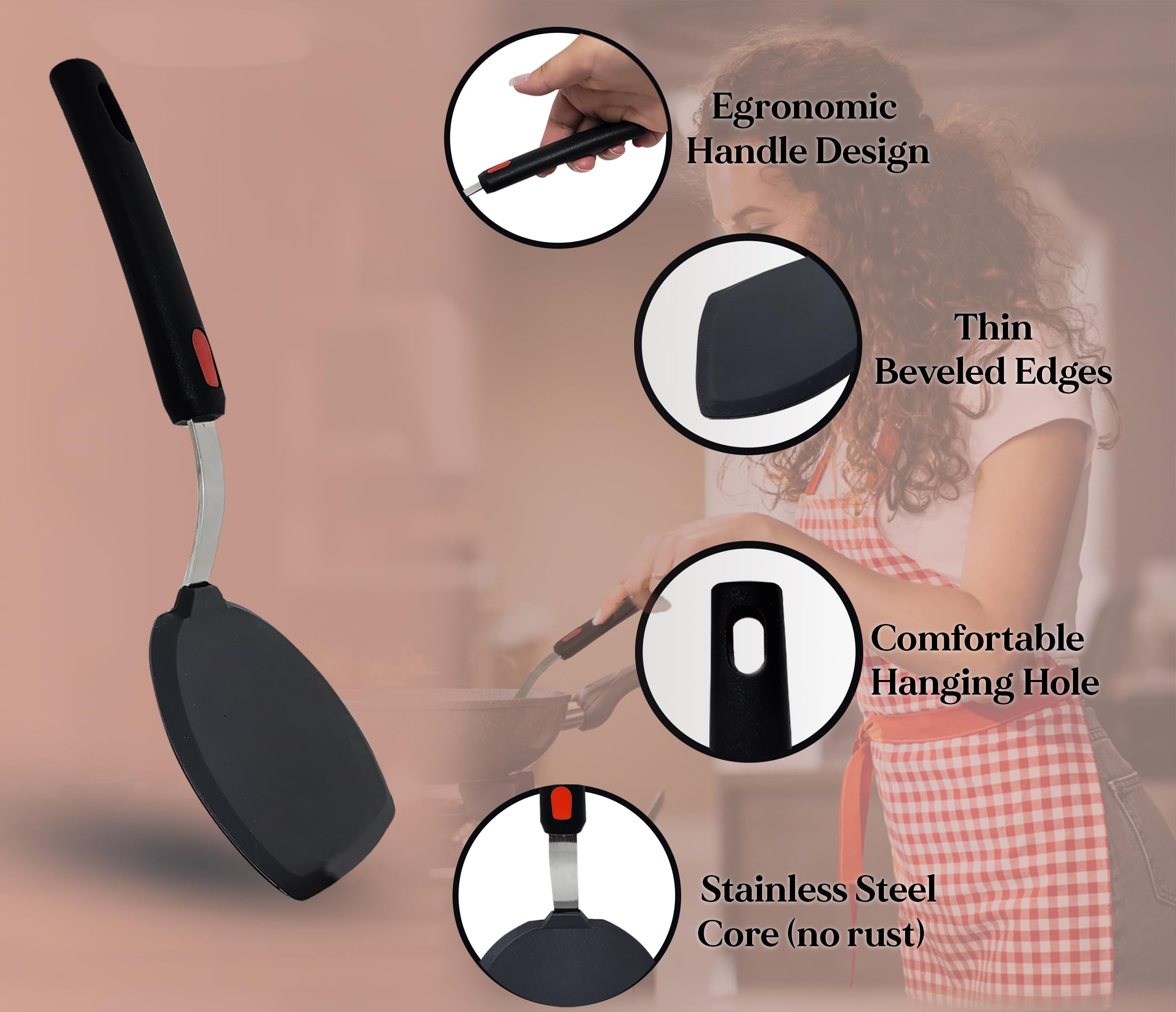 Silicone Pancake Spatula | Wide Beveled Edge Flipper with Stainless Steel Curved Handle | Heat Resistant Non-Stick Cooking