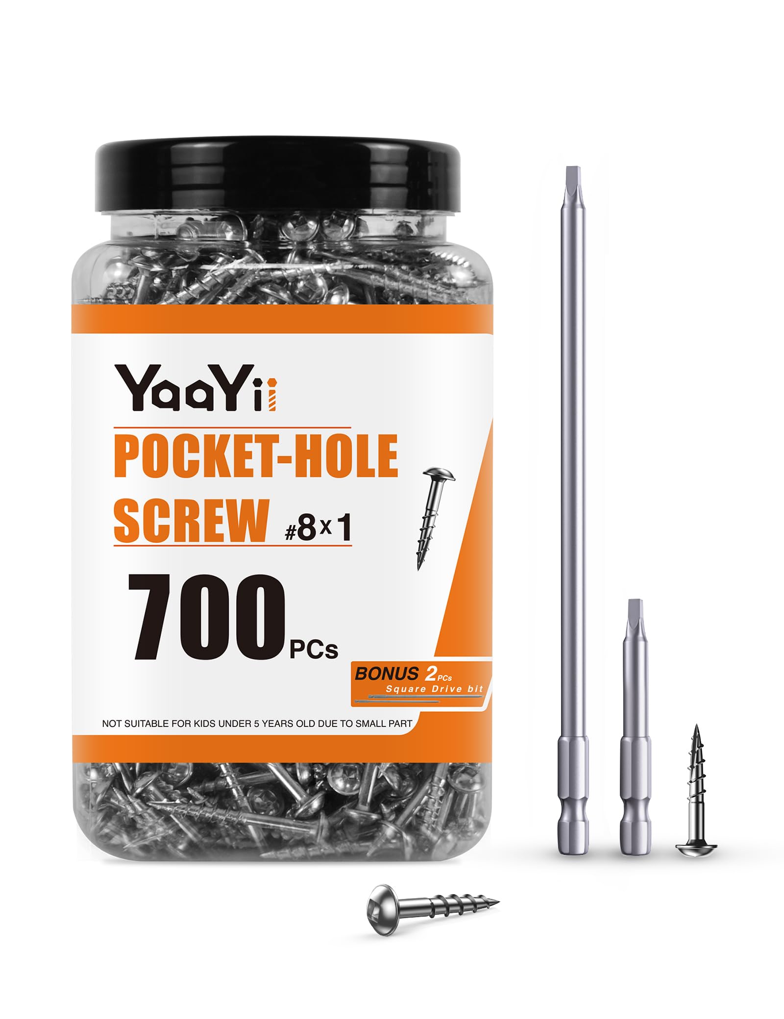 YaaYii Pocket Hole Screws #8 x 1 Inch, 700 PCs Value Pack Wood Screws - Coarse Thread - Washer Head - Square Drive - Self Tapping - Zinc Plated for Rust Resistant, Two Extra Drive Bits Included