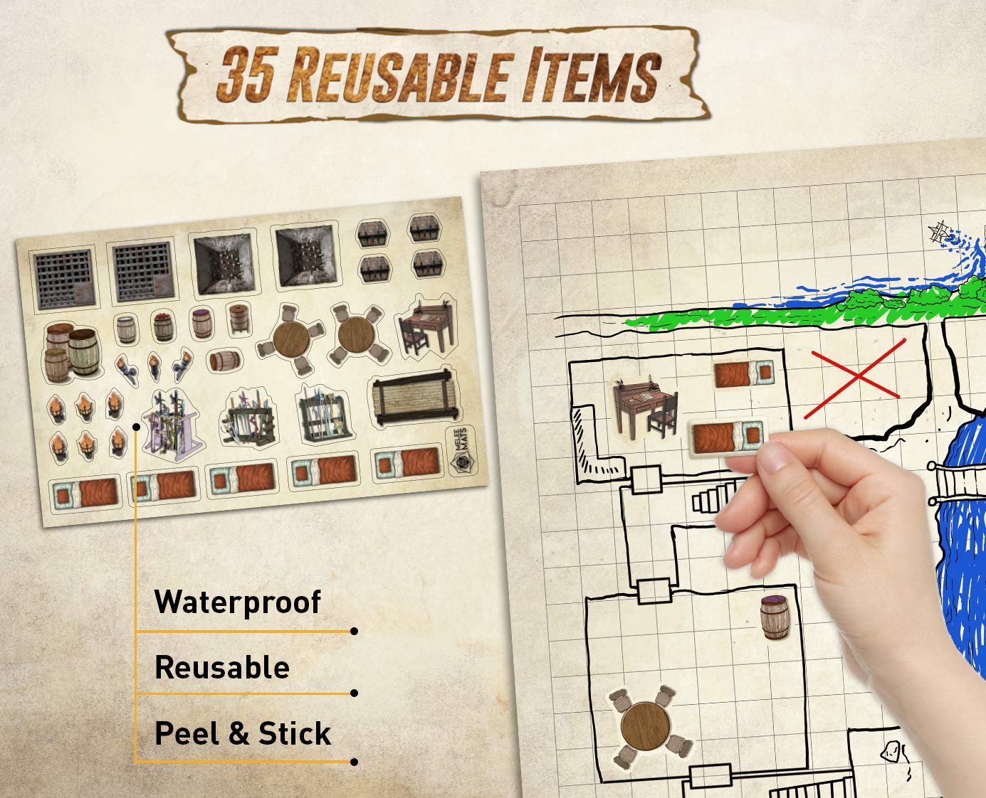 Melee Mats DND Map Starter Kit for Dungeons & Dragons Game - 24” x 36" 3 Pack Double Sided, Wet/Dry Erase Battle Terrain Grid - Ultimate Tabletop Board Gaming Experience with Accessories