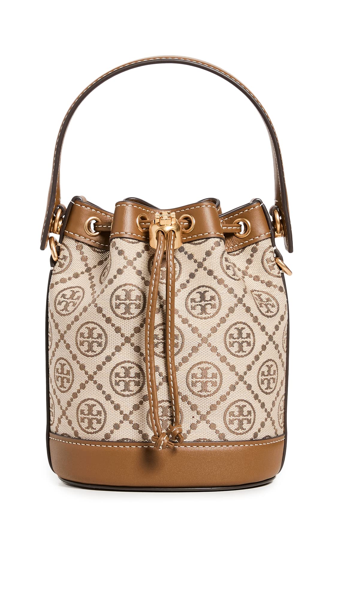 Tory Burch Women's T Monogram Jacquard Mini Bucket Bag, Hazelnut, Tan, Print, One Size