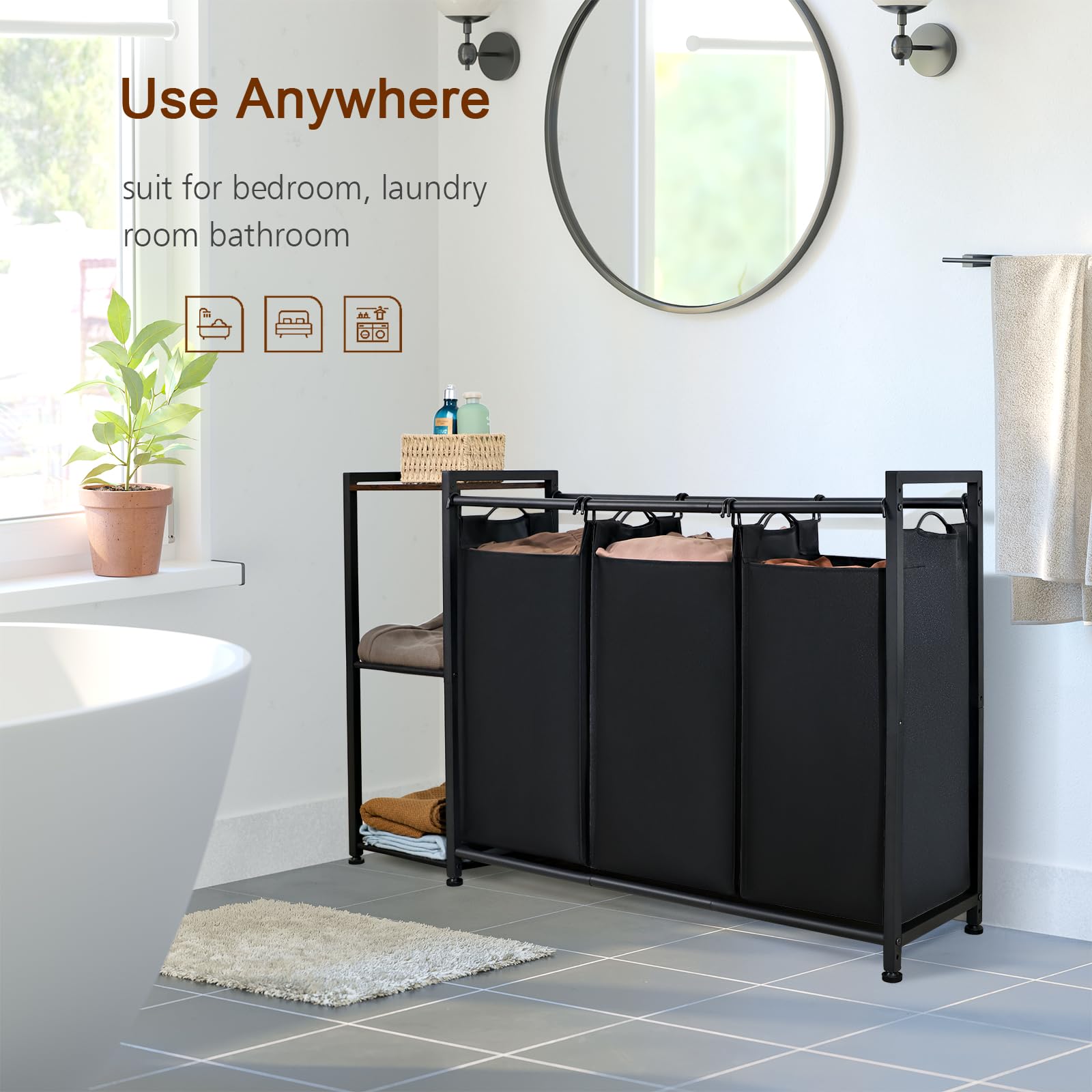 LOAKEKEL Laundry Sorter 3 Section, Laundry Hamper with 3 Removable Bag, Clothes Hamper with Shelf for Bathroom, Laundry Basket with Shelf, Laundry Room Organization HLS030BR