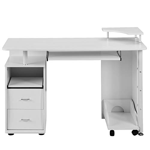 Merax White Computer Desk Table with Keyboard Tray and Drawers, LUMISOL Executive Desk for Home Office