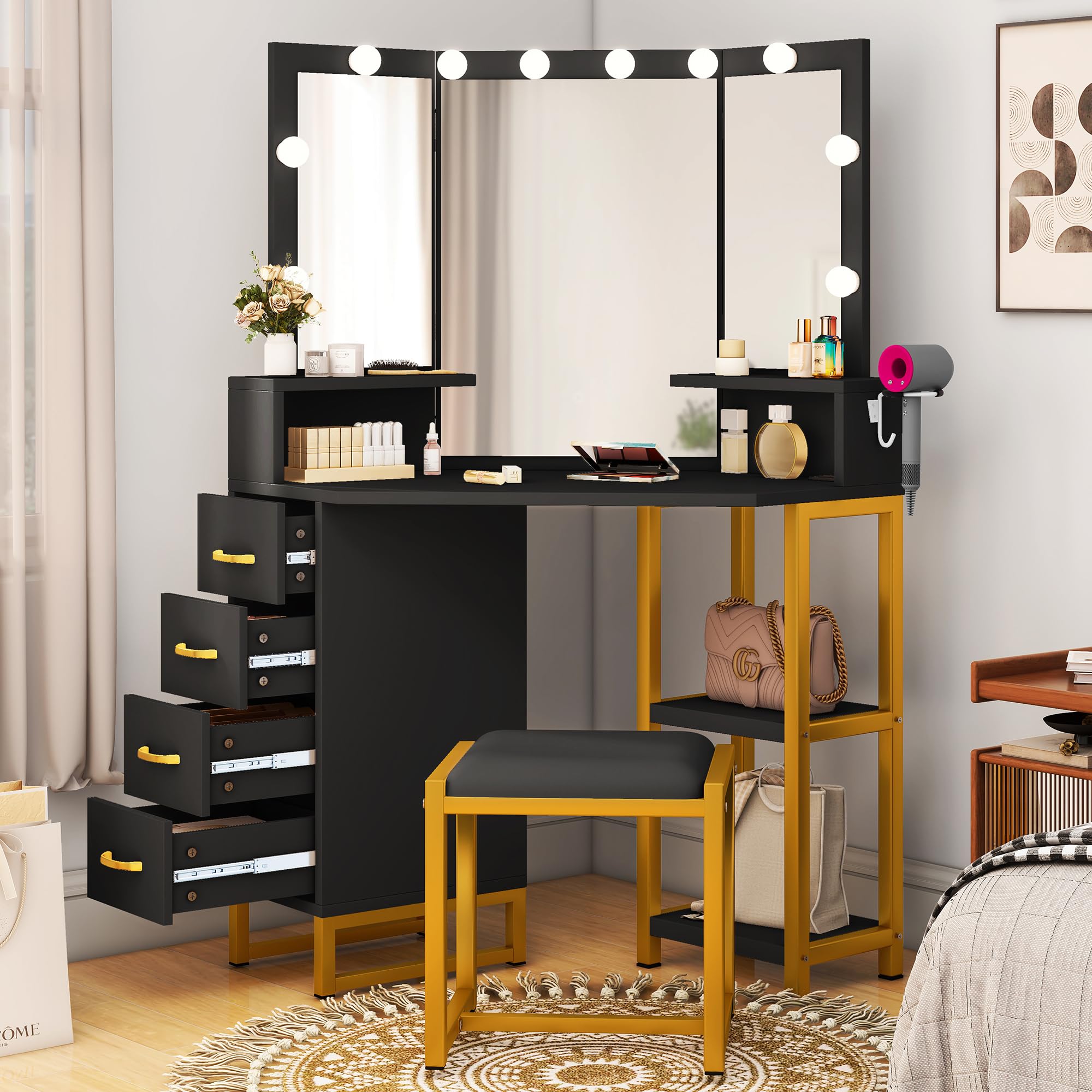 YITAHOME Vanity Desk with Lighted Mirror, Corner Vanity with Power Outlet, 3 Color Modes & Adjustable, Makeup Table Set with 4 Drawer, Stool, Bedroom, Dark Black