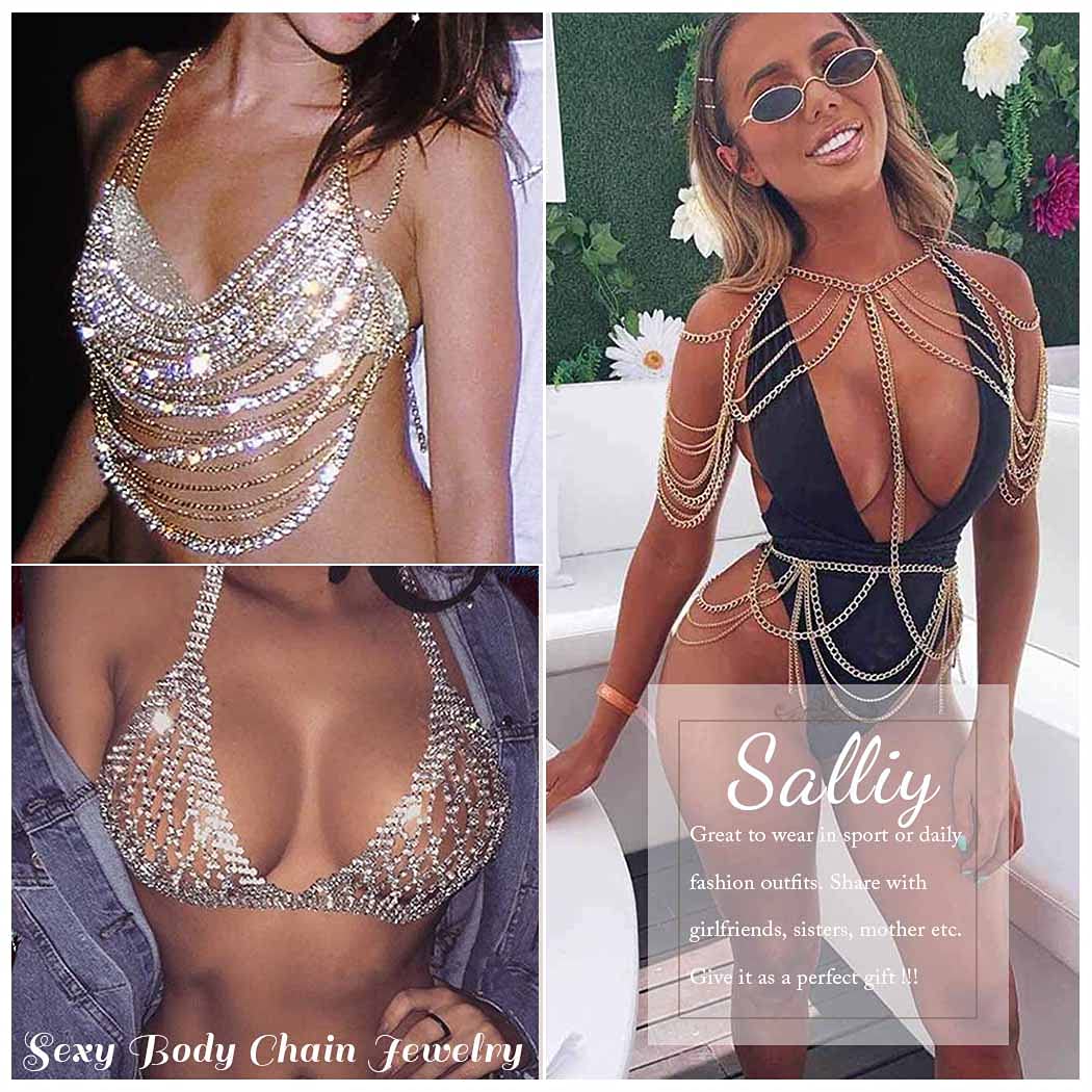 Salliy Boho Rhinestone Bikini Chain Set Silver Sexy Sequins Mesh Body Chains Summer Bra Body Jewelry for Women and Girls (F)