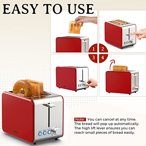 YIOU Toaster 2 Slice with Stainless Steel,1.5 Inch Extra Wide Slots,6 Browning Settings, Bagel Toaster with Reheat Defrost Cancel Function Removable Crumb Tray Easy Cleaning T2S-Metal Red