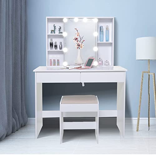 Makeup Vanity Desk with Sliding Lighted Mirror for Christmas Day, Makeup Table Vanity Desk with 2 Large Drawers, 3 Color Lighting Modes, Brightness Adjustable, Vanity Table for Women Girls, White