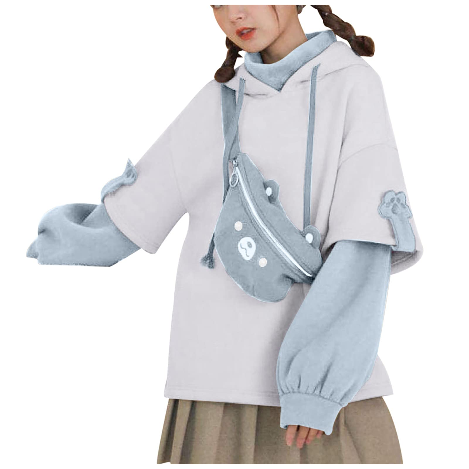 Mimacoo Cute Bear Hoodies for Teen Girls Brown Sweatshirt Long Sleeve Shirts Oversized Pullover with Personality Bag