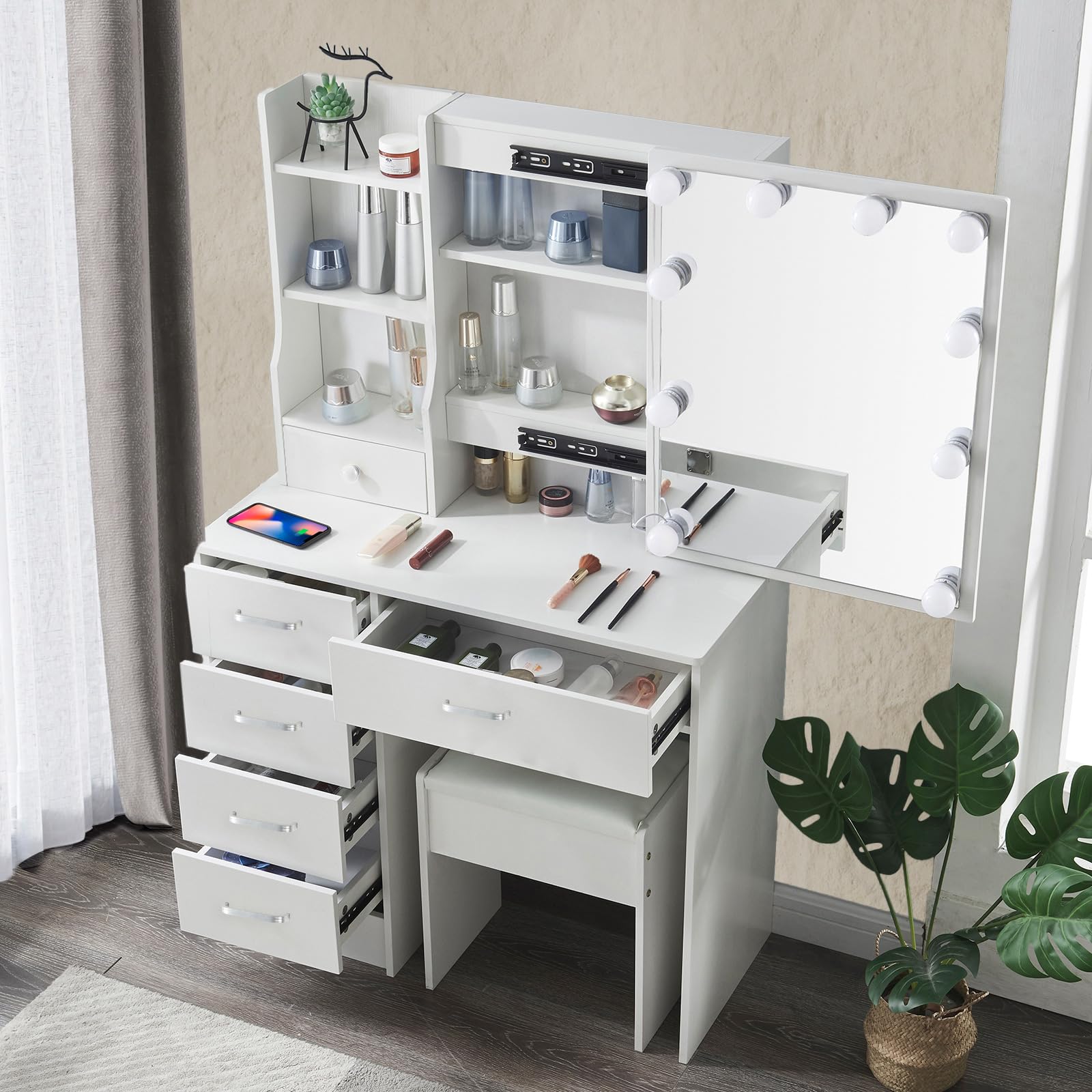 Makeup Vanity Desk with Mirror and Lights-Brightness Adjustable, White Makeup Vanity Table with Chair and Storage Drawers for Women Girls Bedroom