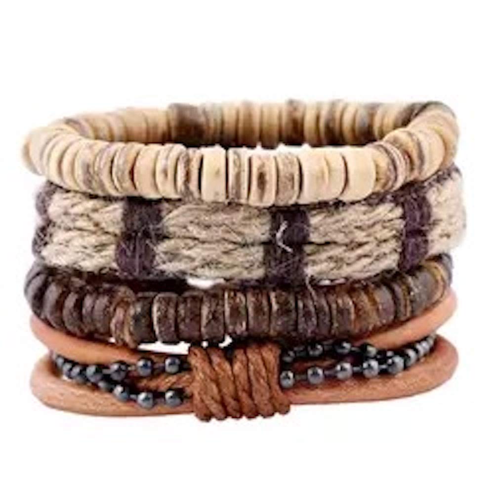 Leather Stack Bracelet for Women or Men, Hemp, Coconut Shell Beads, Waxed cord, Metal Beads, Leather cord
