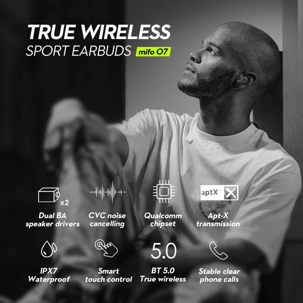 mifo [Upgrade Version 2022 O7 True Wireless Earbuds Qualcomm APT-X CVC 8.0 Noise Cancelling Wireless Headphones Bluetooth 5.0 Stereo Hi-Fi Sound in Ear Water-Resistant Built in Mic Earphone
