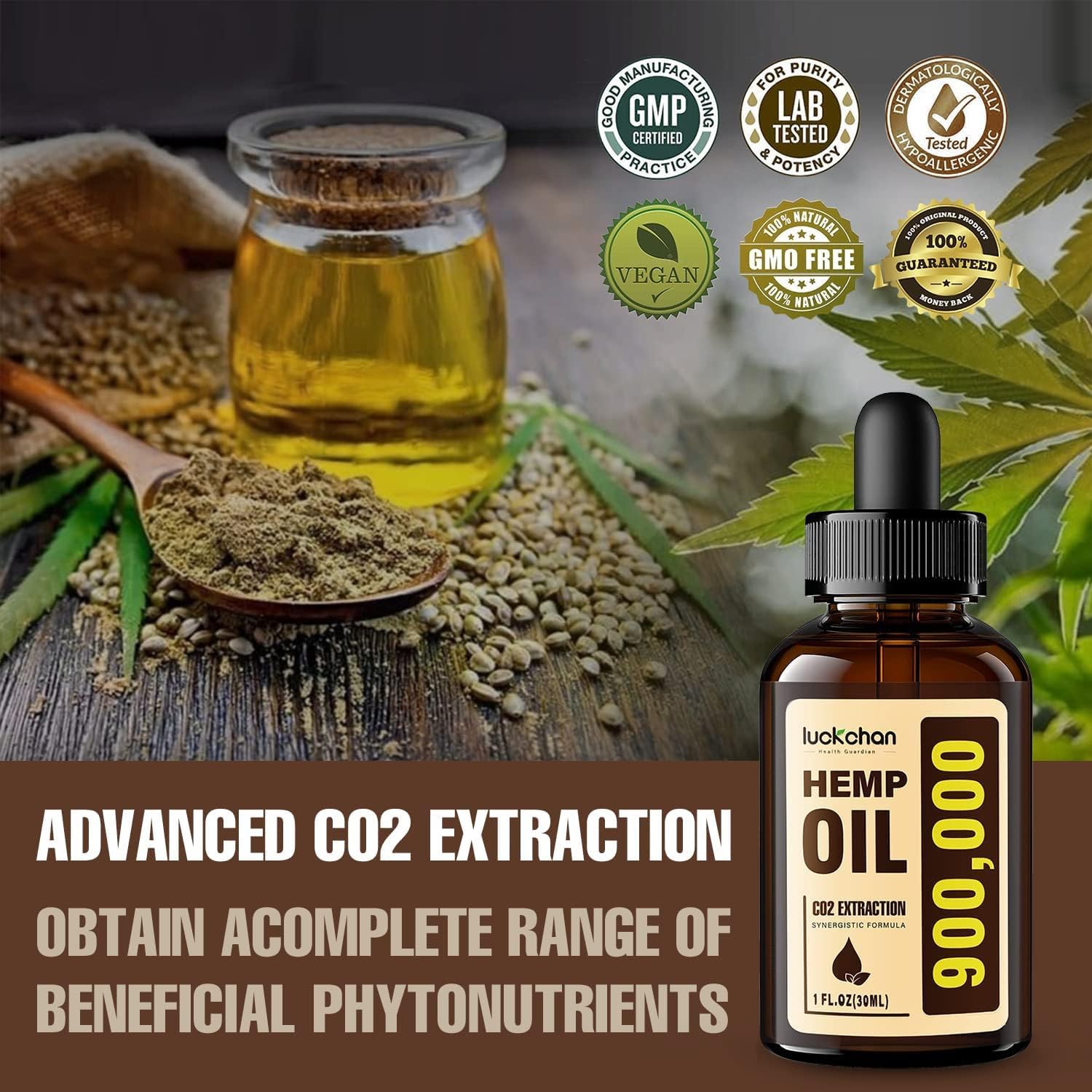 LUCKCHAN (4-Pack) Premium Hemp Oil - Helps Anxiety, Stress, Relaxation, Calming, Sleep - Natural Extract, Vegan, Non-GMO - Organic Hemp Tincture Drops
