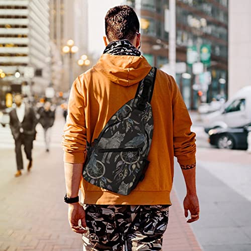 NAWFIVE Sling Bag Watercolor Raven Wolf Crossbody Backpack with Anti Theft Boho Style Adjustable Shoulder Bag for Travel,Hiking,Cycling,Camping