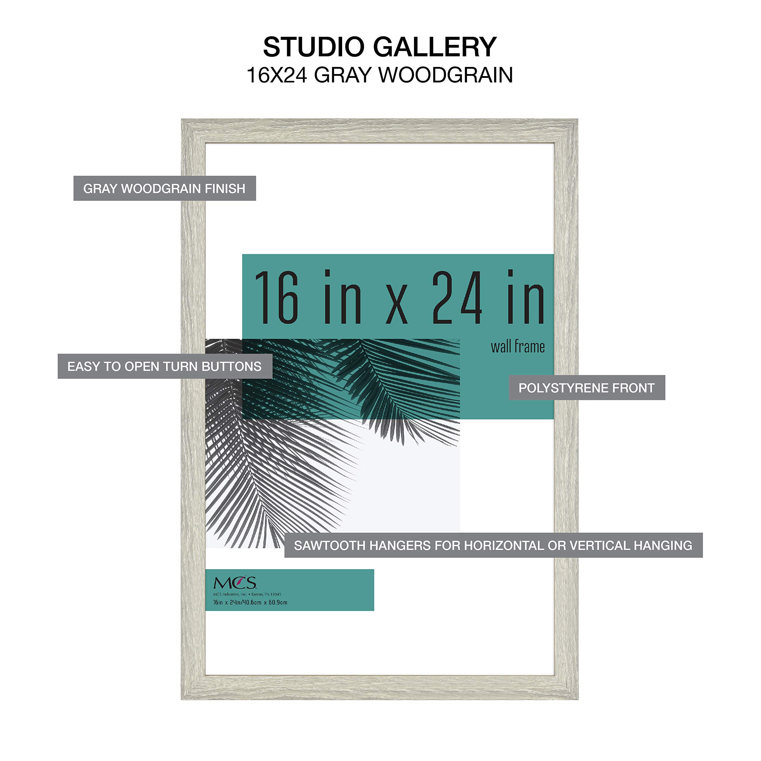 MCS Studio Gallery 16x24 Poster Frame Gray Woodgrain, Vertical & Horizontal Wall Hanging Large Picture Frame for Photos, Posters & Art Prints (2-Pack)