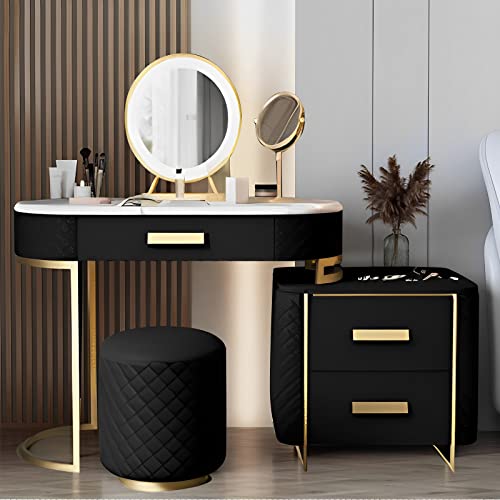 Makeup Vanity with Mirror and Lights, Luxury Dressing Table Wrapped in Microfibre Leather, Modern Vanity Set with Marble Countertop, Side Cabinet, 3 Solid Wood Drawers, Soft Chair - 31.5In Black