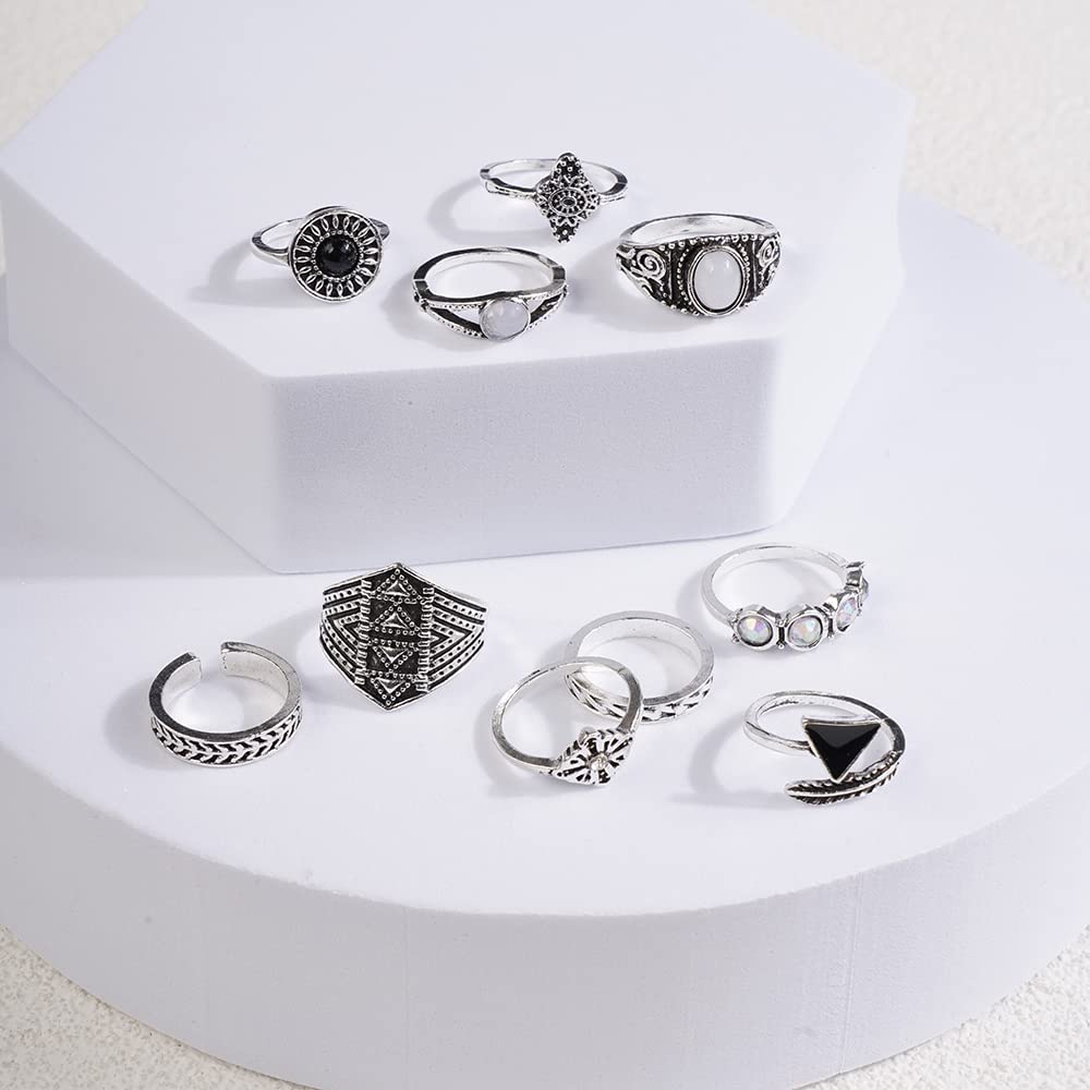 Octwine 10cs Silver Bohemian Statement Knuckle Rings Black Carved Stackable Rings Stacking White Crystals Ring Jewelry for Women and Girls