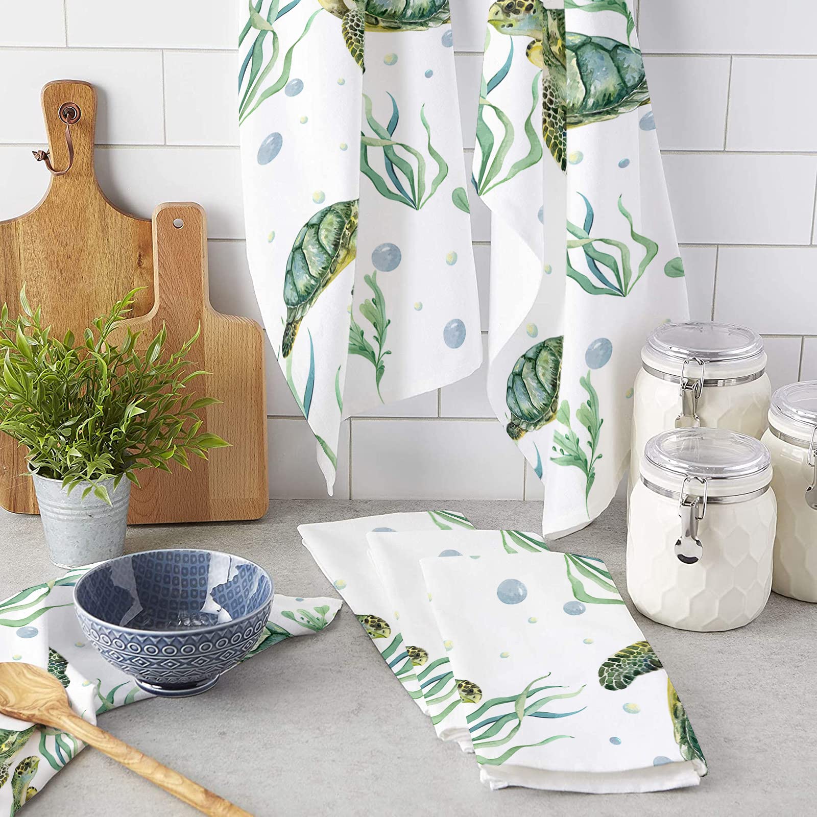 RainbowDay Cotton Kitchen Towels Super Soft Absorbent Kitchen Dish Towels for Drying Dishes/Hand/Tea/Bar Towels Sea Turtle Coral Marine Life Cleaning Kitchen Towels 2 Pack, 18x28 Inch