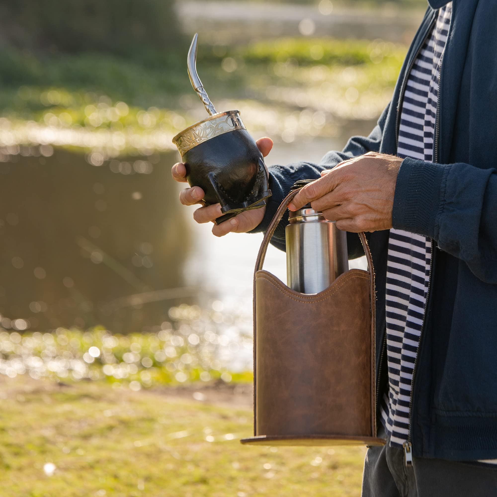 thebmate [Premium Yerba Mate Gourd Original Natural Calabash Teacup β Black Leather Wrapped Handmade in Uruguay - Mate Imperial