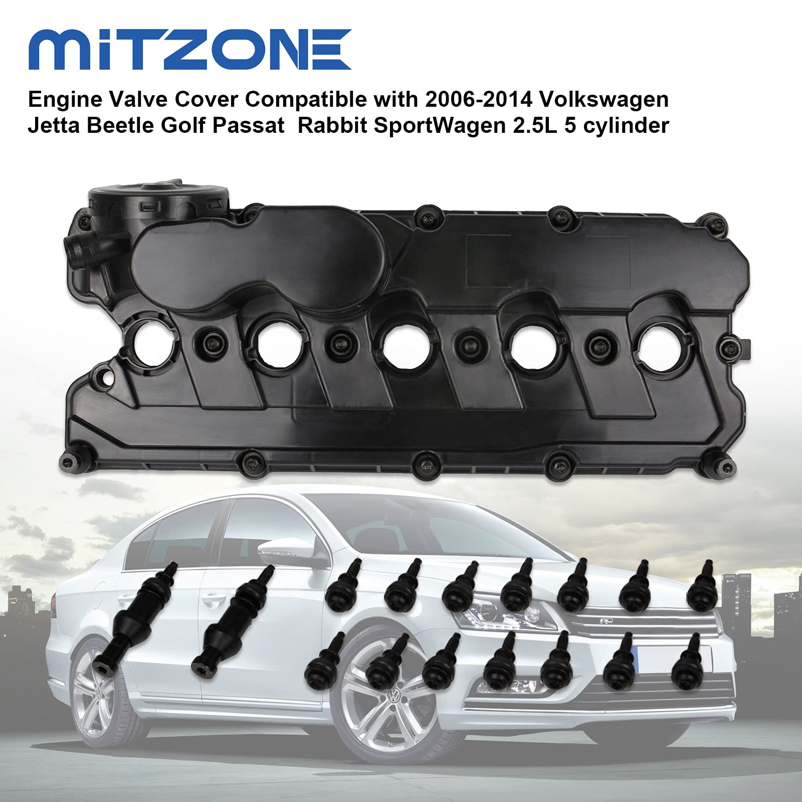 MITZONE Engine Valve Cover Compatible with 2006-2014 Volkswagen Jetta Beetle Golf Passat Rabbit SportWagen 2.5L 5 Cylinder Replace 07K-103-469-L 07K-103-469-F