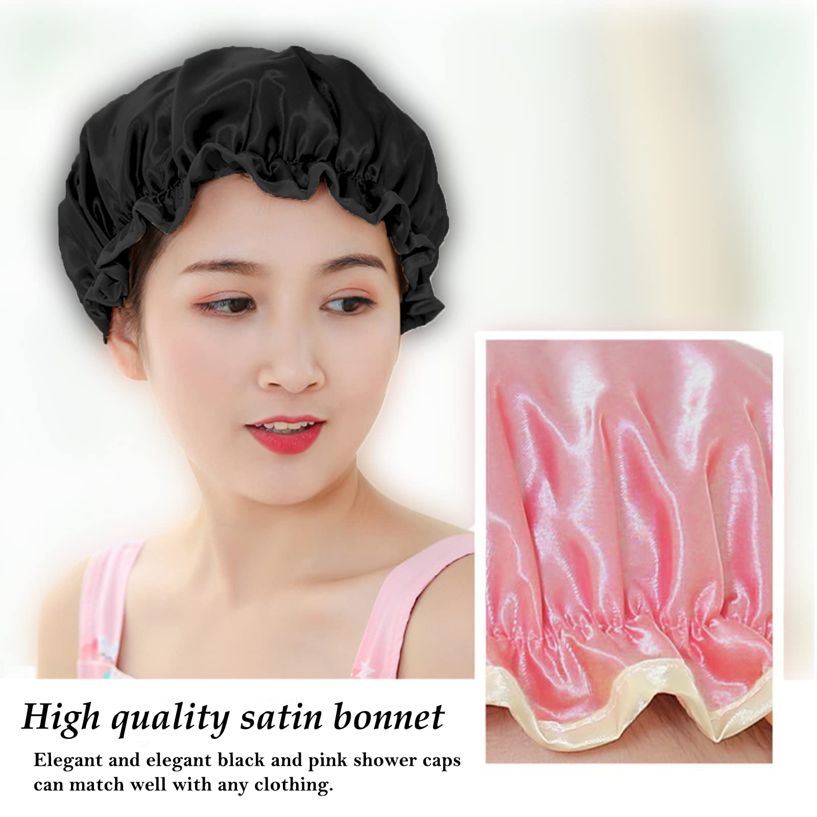 YAWALL Shower Cap 2Pcs, Shower Caps for Women Reusable Waterproof, Silk Double Layer Hair Cap, Pink & Black