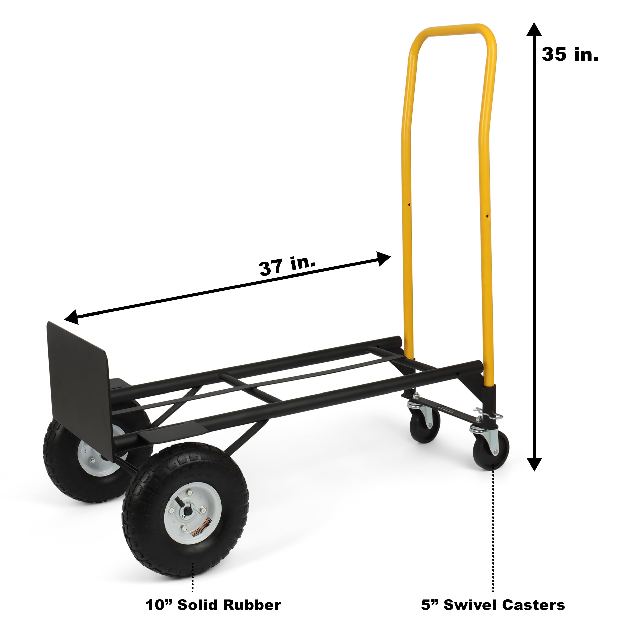 Simpli-Magic 800 lb Capacity 2 in 1 Convertible Hand Truck and Dolly with 10" Flat-Free Solid Rubber Wheels,Black with Yellow Handle.