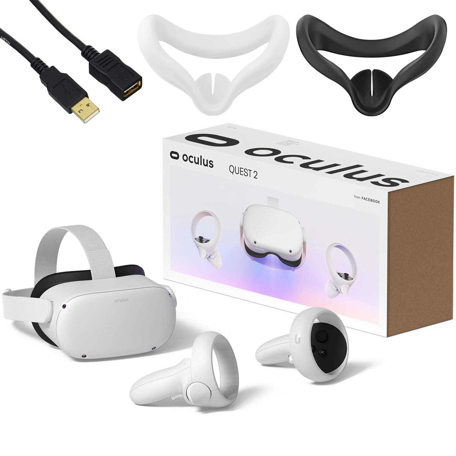 Oculus Quest 2 Advanced All-in-One Virtual Reality Headset 128GB, Touch Controllers, 1832x1920 up to 90 Hz Refresh Rate LCD, Glasses Compatible, 3D Audio β 2 Silicone Face Cover + USB Extension Cable