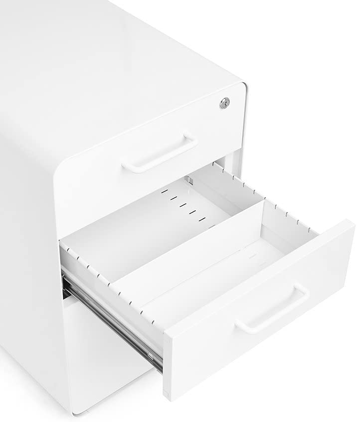 Poppin Stow 3-Drawer Rolling File Cabinet - White. 2 Utility Drawers and 1 Hanging File Drawer. Two Locking and Two Non-Locking Wheels. Powder-Coated Steel. Two Keys Included