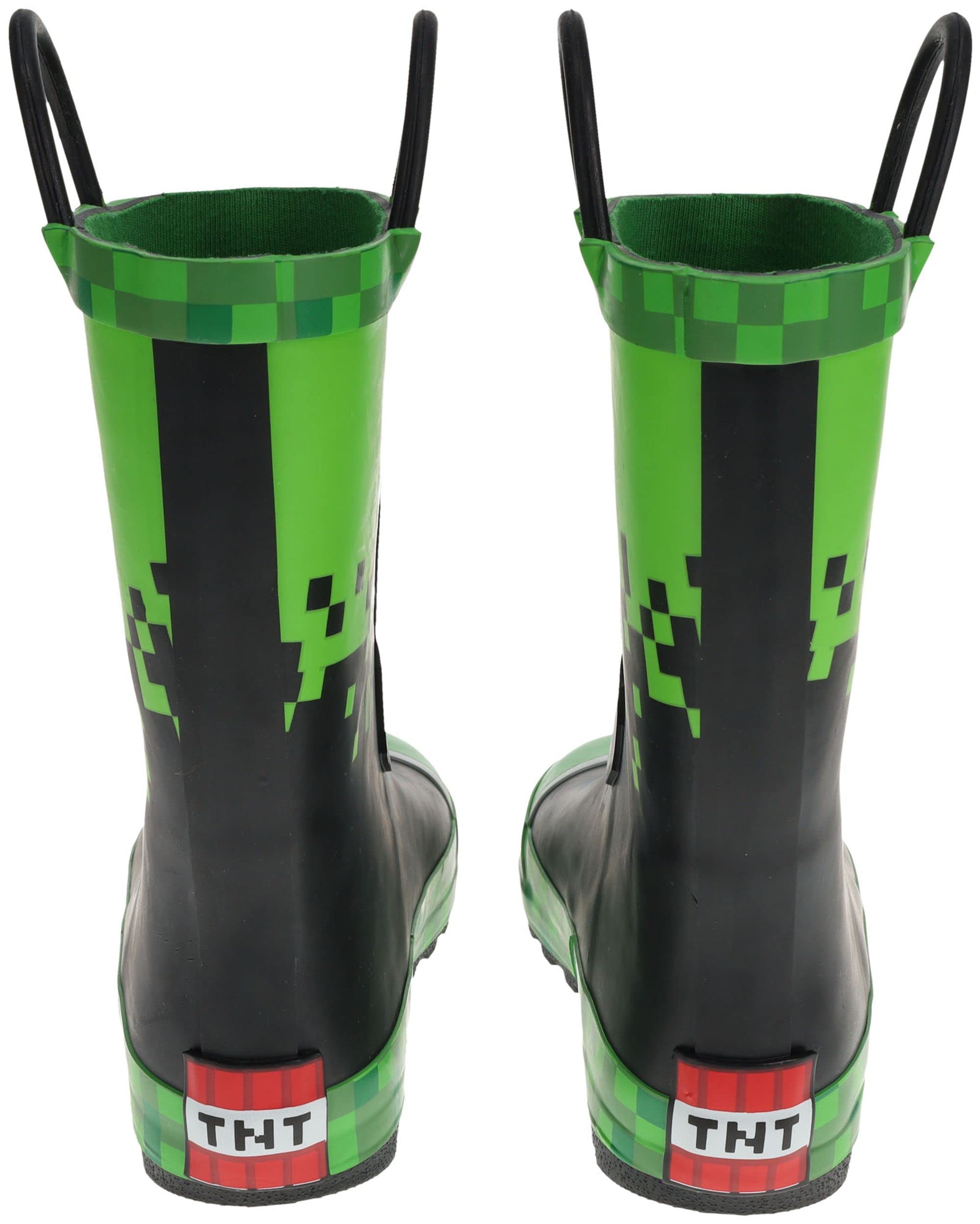 Minecraft Rain Boot for Kids, 100% Rubber Creeper Wellie Boot Waterproof, Green/Black, Big Kid Size 1/2