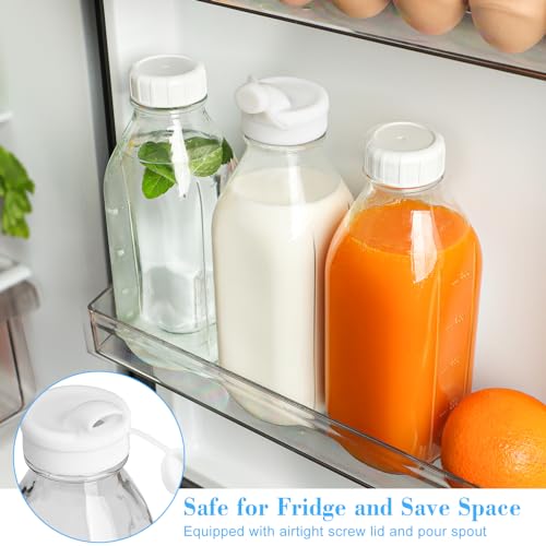 Milk Bottle with Dispenser Cap, 100% Airtight Heavy Duty Screw Lid. 2 Pack 32 Oz Reusable Glass Bottles with 3 Lids! Jug Pitcher, Buttermilk, Water, Juice Bottles w Cap, Syrup, Honey
