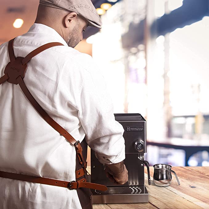 Theodore Top Grain Leather Apron - 32.5” H x 24.5” W with Adjustable Crossback Leather Straps. Our Leather Apron for Men has 2 Large Pockets and a Towel Strap. Grill Apron is Flame & Heat Resistant