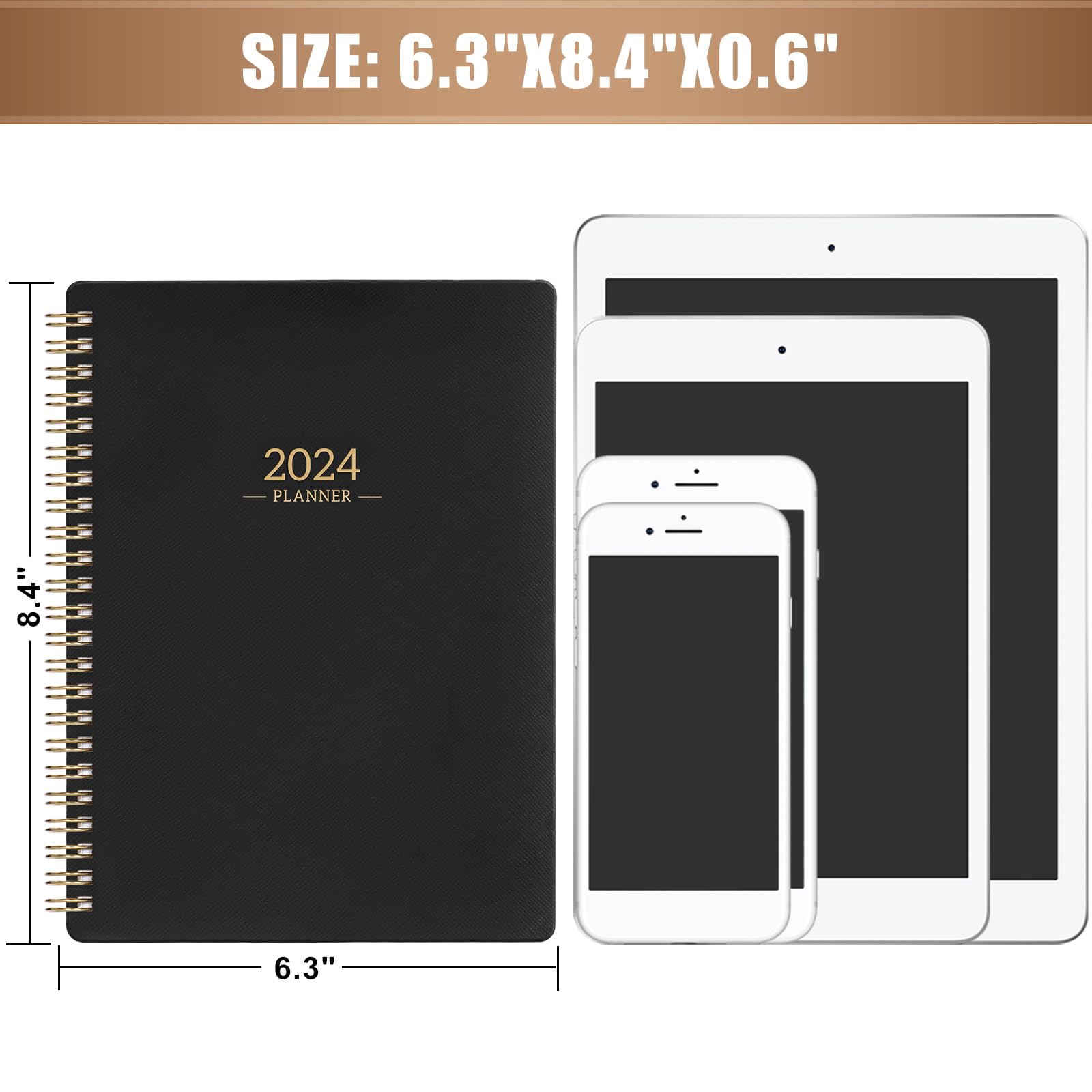Planner 2024 - Planner/Calendar 2024, Jan.2024 - Dec.2024, 2024 Planner Weekly & Monthly with Tabs, 6.3" x 8.4", Hardcover + Back Pocket + Twin-Wire Binding, Daily Organizer - Mystic Black