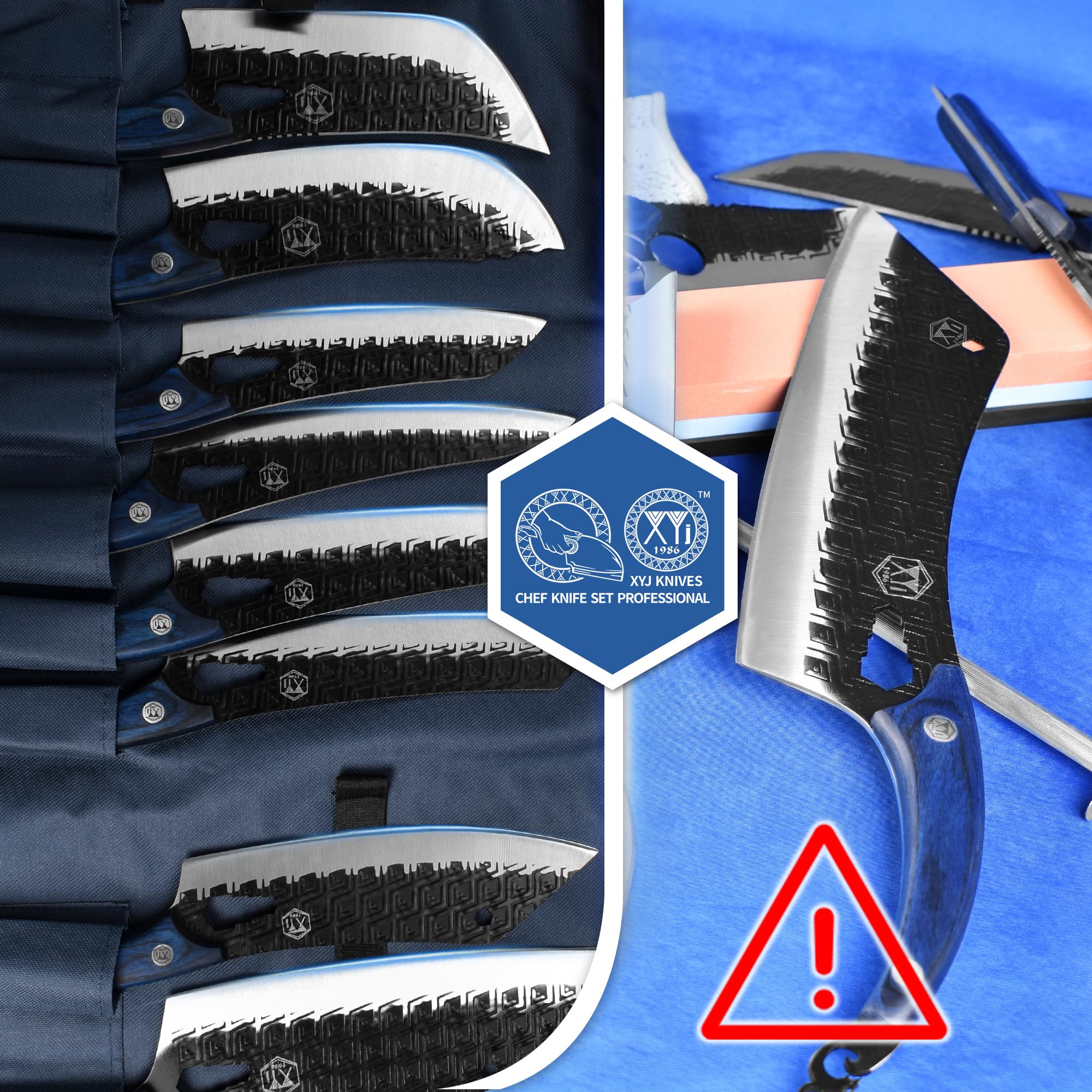 XYJ 4pcs Camping Knife Set,Butcher Meat Knives With Roll Bag,Sharpener,Slicing Cutting Chef Vegetable Kitchen Knife,Full Tang (Coffee)
