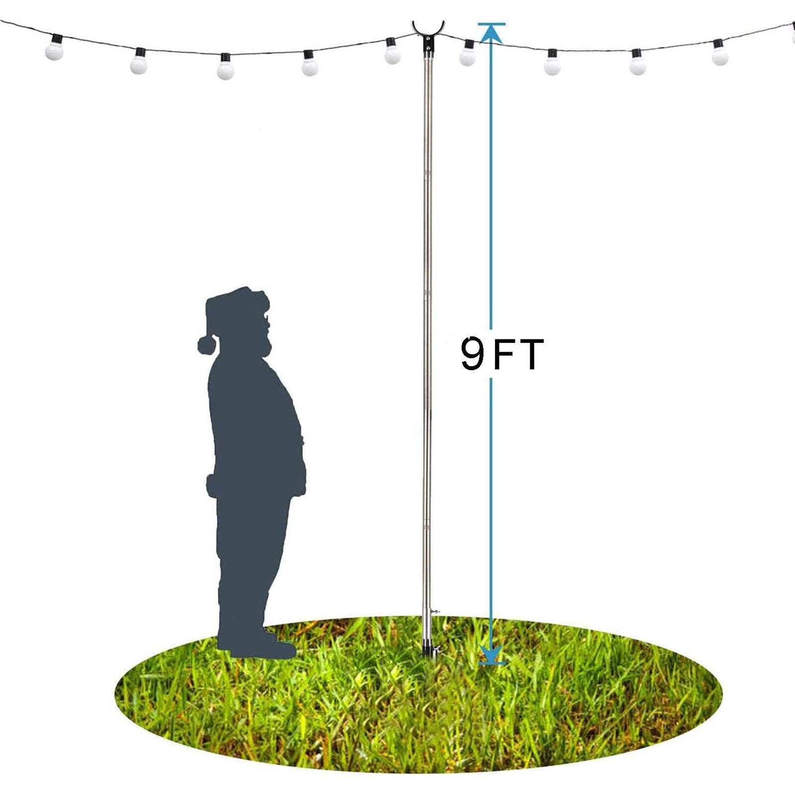 MIYA Light Pole - Outdoor 9FT Light Pole for String Lights - Outside Stainless Steel String Lights Pole for Yard Garden - String Lights Pole Stand for Night Wedding and Party