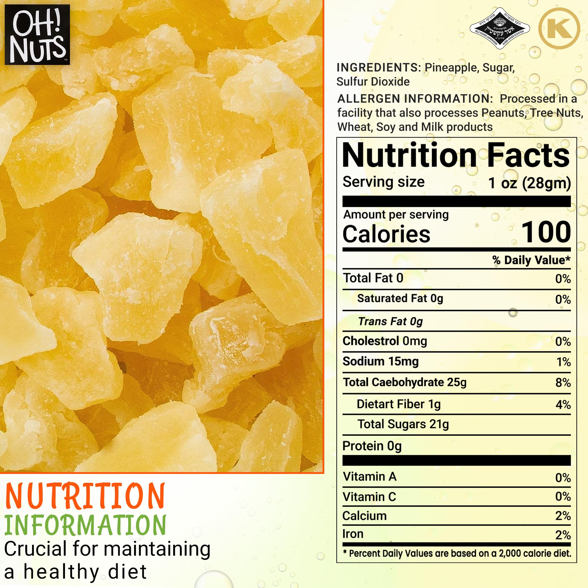 Oh! Nuts Dried Pineapple Chunks - 1.5lb Bulk Bag | Fresh Sweet Dehydrated Tropical Fruit Bites for Snacking & Baking | Low in Sugar, Sodium & Cholesterol | High in Fiber & Antioxidants, Dairy Free…