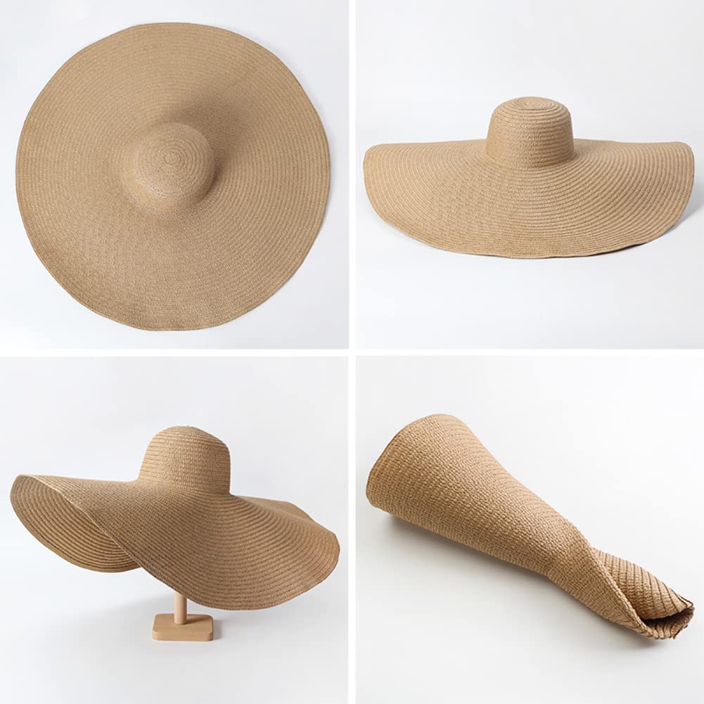 Straw Hat Oversize Hat Wide Brim Summer Hat Handmade Roll Up Floppy Sun Hat for Summer Beach Cap for Women (Khaki)-80CM