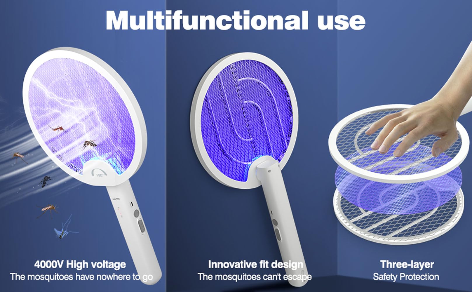 VLISBO Electric Fly Swatter 4000V 2 in 1 Bug Zapper Racket Fly Killer Mosquitoes Trap Lamp Rechargeable with 1200mAh Battery for Indoor Home Office Backyard Patio Camping (1 Pack)-White