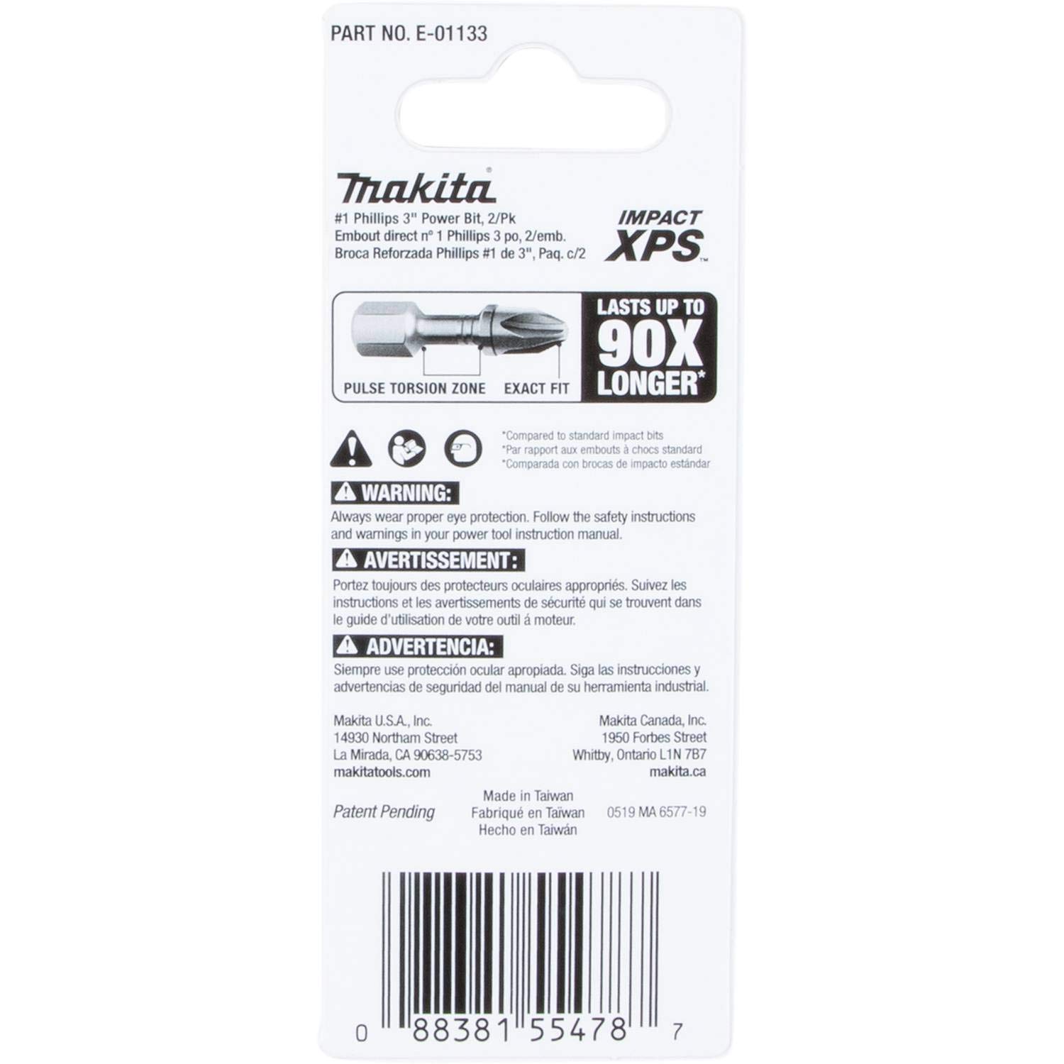 Makita E-01133 Impact XPS™ #1 Phillips 3" Power Bit, 2/pk
