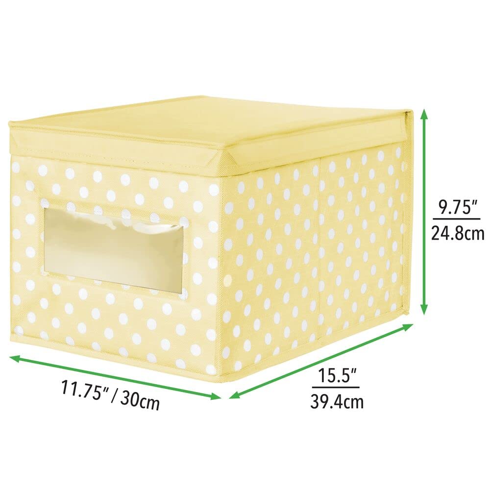 mDesign Large Soft Stackable Fabric Baby Nursery Storage Organizer Holder Bin Box with Front Window/Lid for Child/Kids Bedroom, Playroom, Classroom, Lido Collection, 4 Pack, Lt Yellow/White Polka Dot