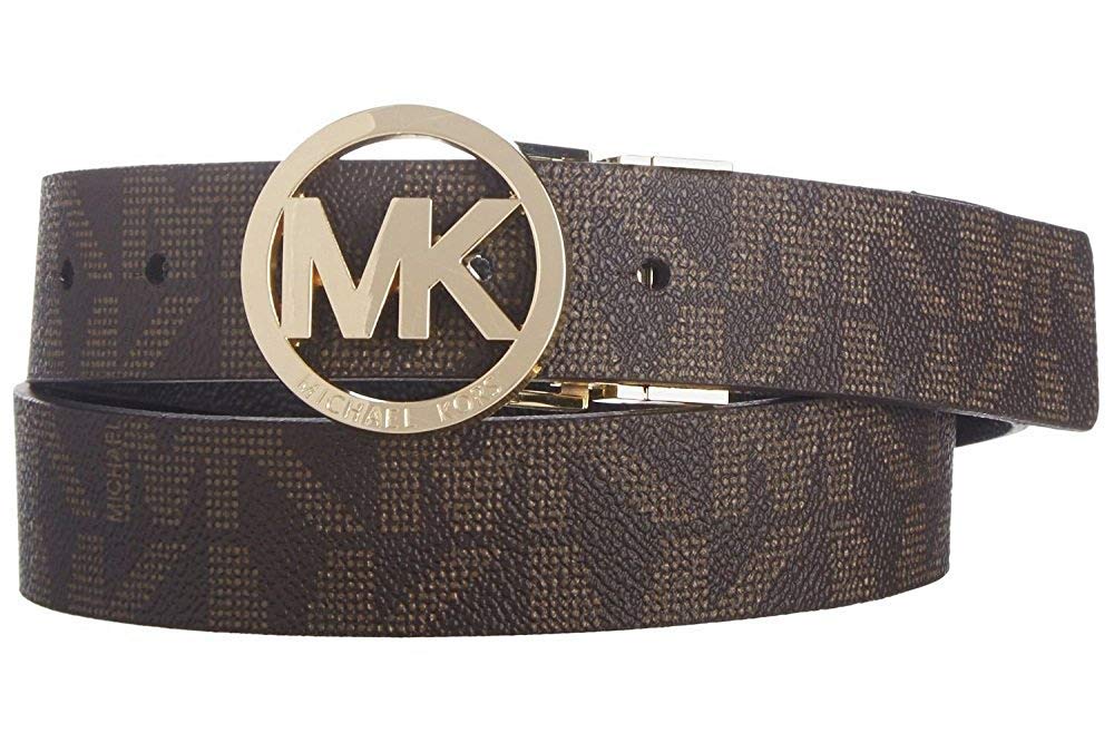 MICHAEL Michael Kors Reversible Belt with Gold-Tone MK Logo, Brown and Black, Large