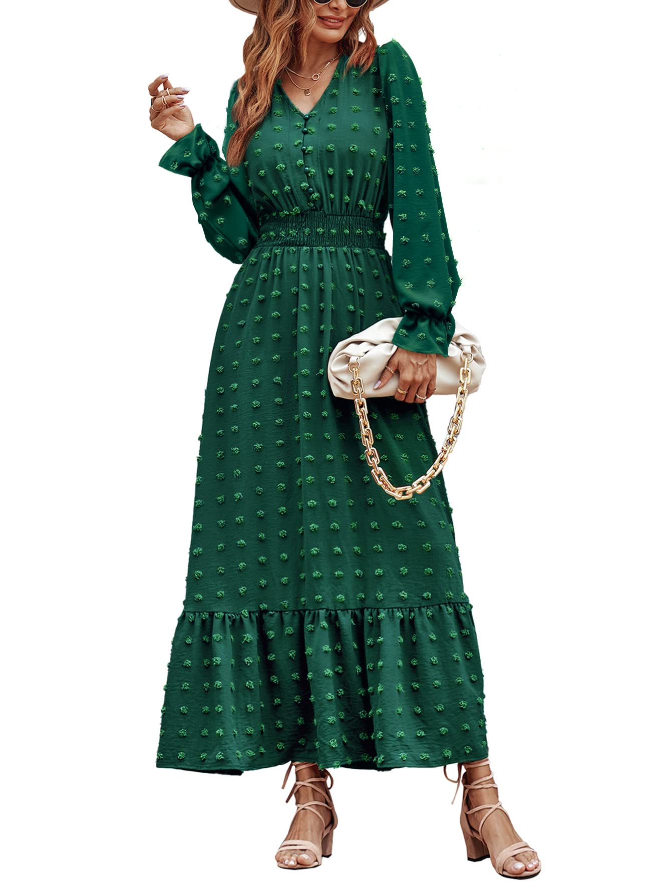 MASCOMODA Women Boho Maxi Dress 2024 Long Sleeve V Neck Swiss Dot Smocked High Waisted A-Line Ruffle Tiered Long Dress(X-Large, Dark Green)