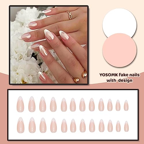 YOSOMK French Tip Press on Nails Almond Medium Fake Nails with Chrome Designs Glossy Nude False Nails Mirror Glue on Acrylic Nails for Women
