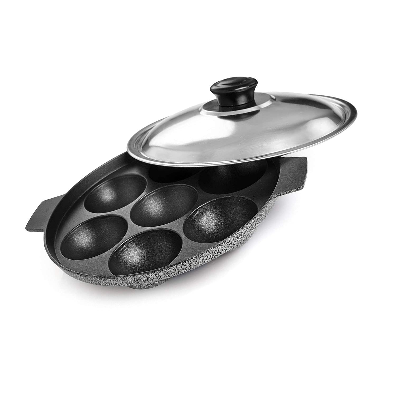 SRIYUG Non-Stick Appam Pan with Stainless Steel Lid, 6.5" x 6" x 1.5"