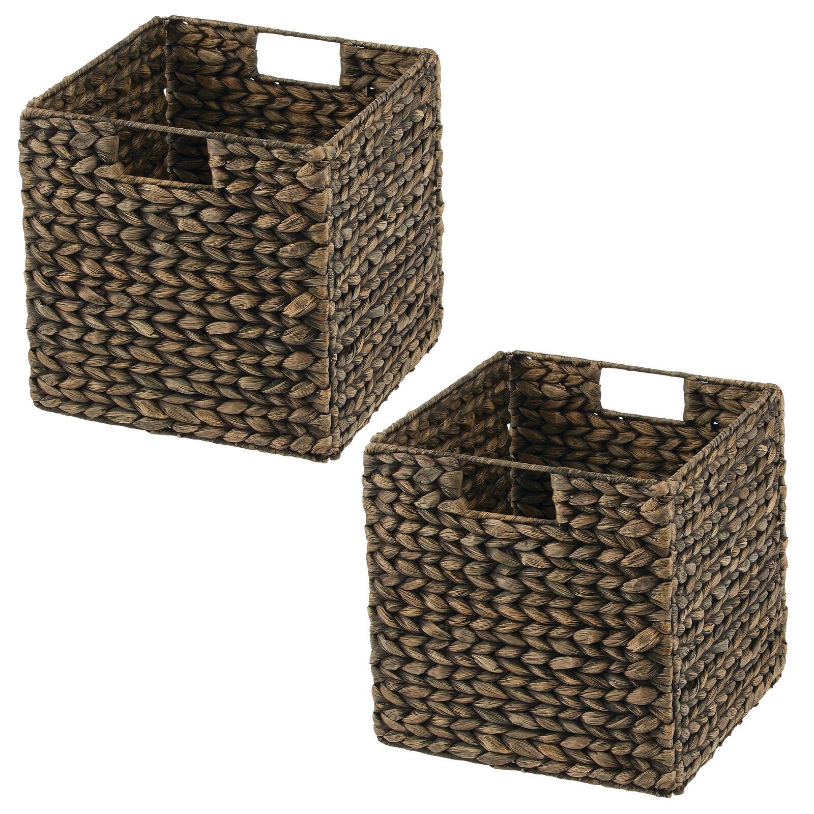 mDesign Natural Woven Hyacinth Cube Organizer Basket with Handles, Storage for Bathroom, Laundry Room Shelf or Nursery - Perfect for Cubby Storage Units - Hold Blankets and Books - 2 Pack, Black Wash