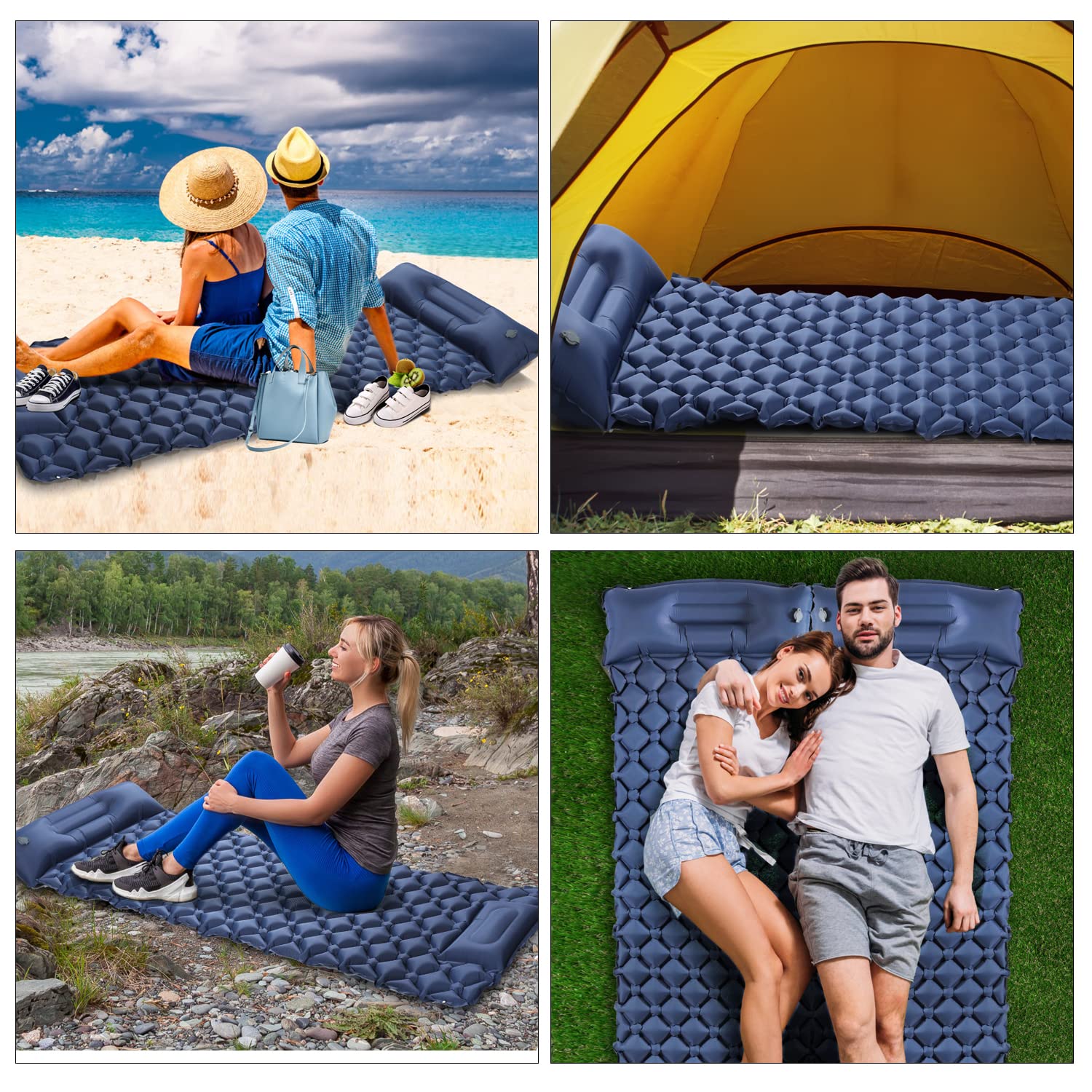 RealPero Inflatable Sleeping Pad - Ultralight Extra Wide Sleeping Mat with Pillow Foot Pump Waterproof Outdoor Portable Thick Air Mattress for Camping, Backpacking, Traveling, Hiking ,Tent ,Navy Blue
