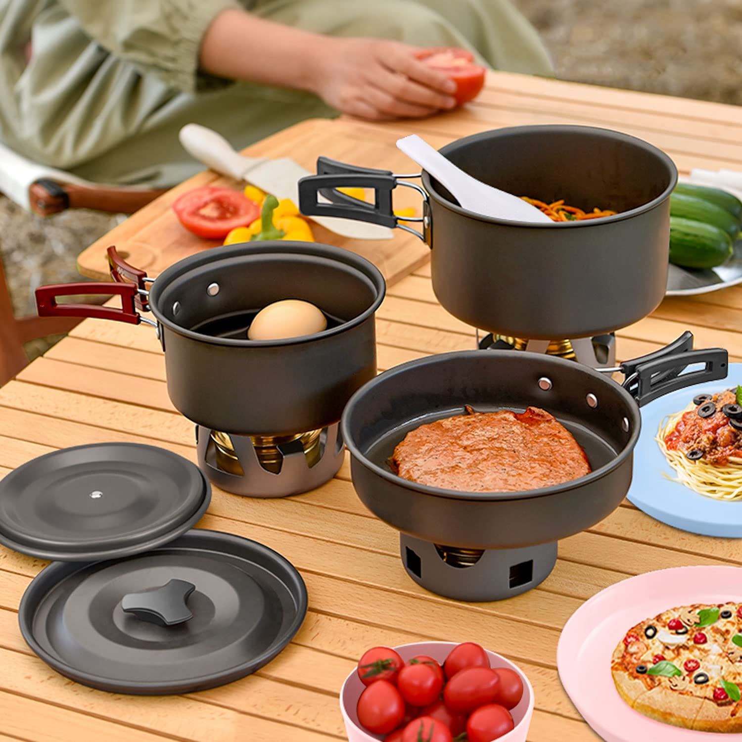 Odoland 27pcs Camping Cookware Mess Kit, Backpacking Cookware Pot Pan with Camp Plates Cups and Bowls, Non-Stick Portable Cookware Set for Outdoor Cooking, Camping Hiking, and Picnic