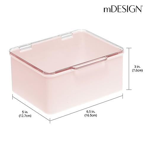 mDesign Plastic Cosmetic Storage Organizer Box Containers, Hinged Lid for Bedroom, Bathroom Vanity Shelf or Cabinet, Holds Masks, Palettes, Nail Polish, Lumiere Collection, 2 Pack - Light Pink/Clear