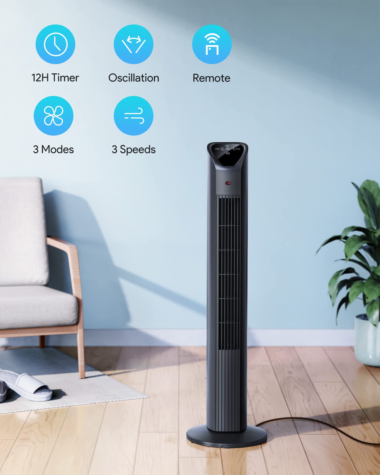 Tower Fan with Remote, Oscillating Fan Features 3 Modes 3 Speed, 75° Oscillation Standing Fans, Auto-off Backlight and 12H Timer, Portable Floor Bladeless Fan for Bedroom, Home and Office, Black