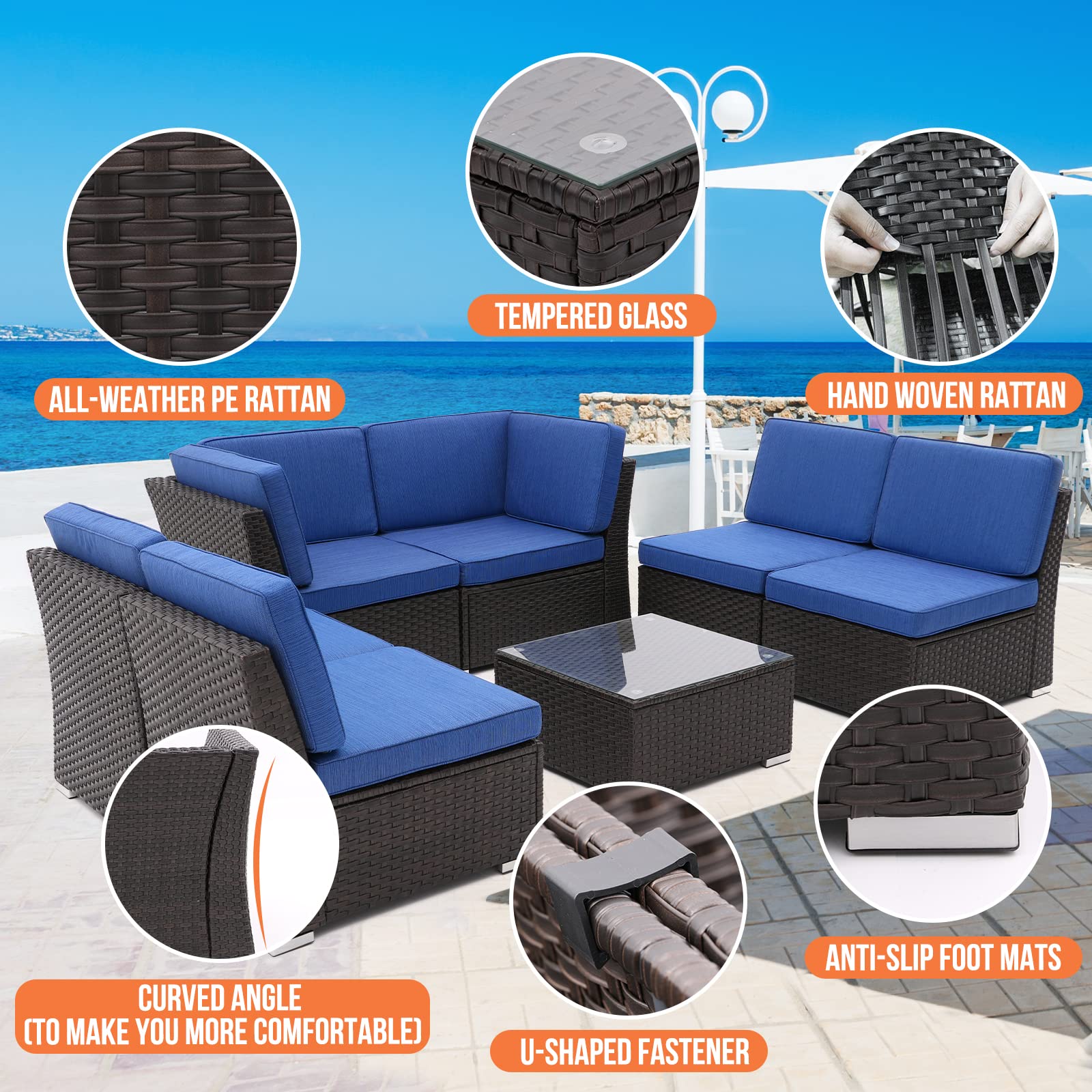 TiuBroe 7 Pieces Patio Furniture Sets, Outdoor PE Rattan Sectional Sofa Conversation Set, All Weather Conversation Set w/6 Seat Cushions and 1 Coffee Table (Dark Blue)
