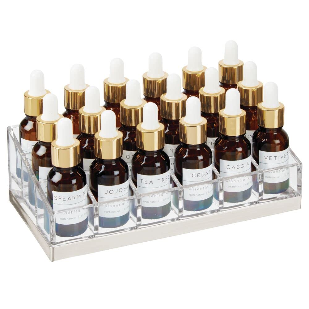 mDesign Plastic Organizer Storage Center for Bathroom Vanity, Countertops, Bedroom Nightstands, 18 Sections - Hold Essential Oil Sets, Makeup Brushes, Cosmetics - Keep Near Diffuser - Clear/Brushed